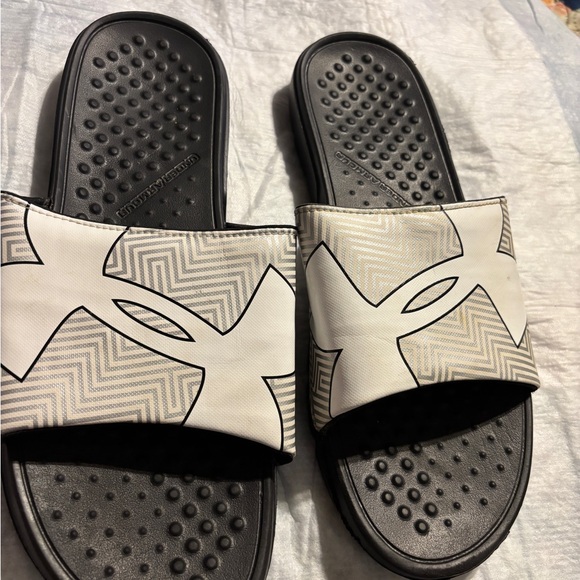 Under Armour | Shoes | Underarmour Black And White Slide Sandals Mens ...